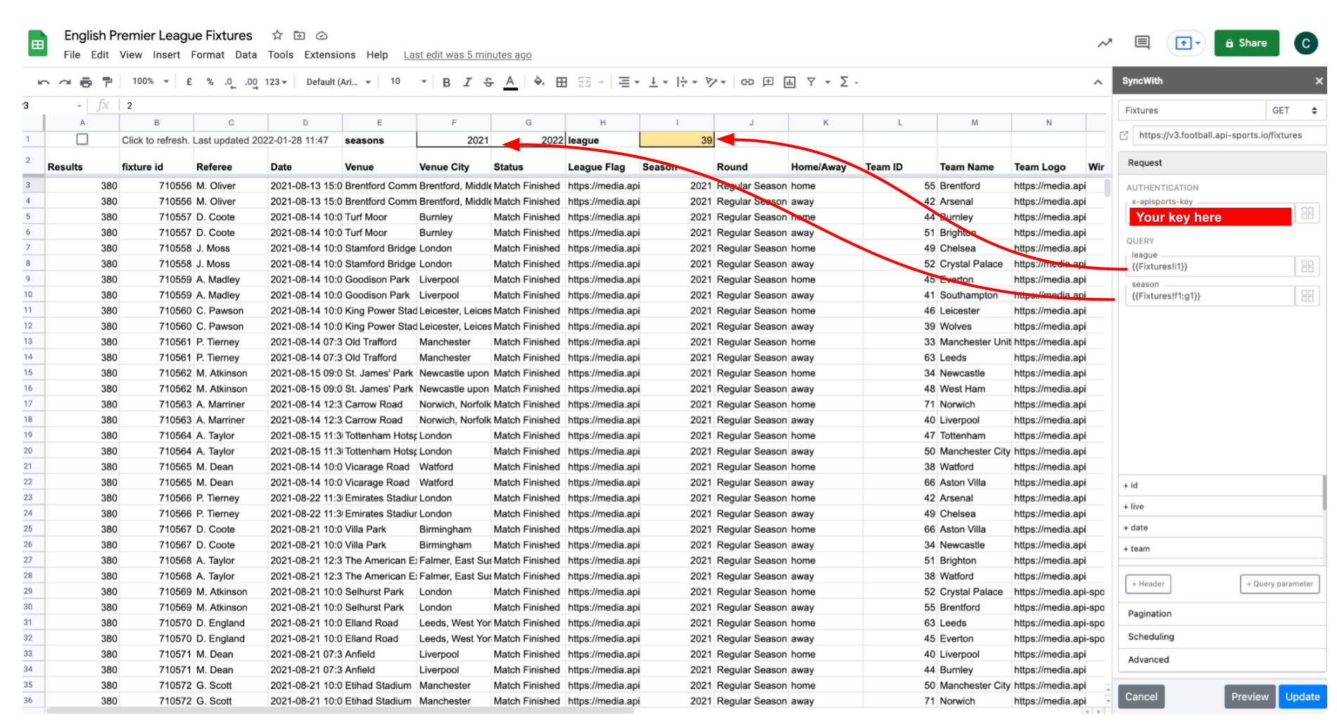 IMPORT SPORTS DATA IN GOOGLE SHEETS WITH SYNCWITH API FOOTBALL